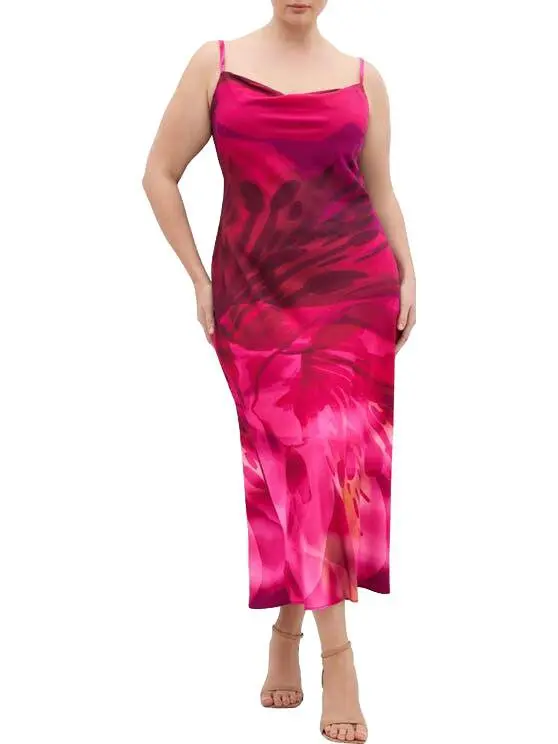 City Chic Printed Cowl Neck Slipdress - Raspberry Moment
