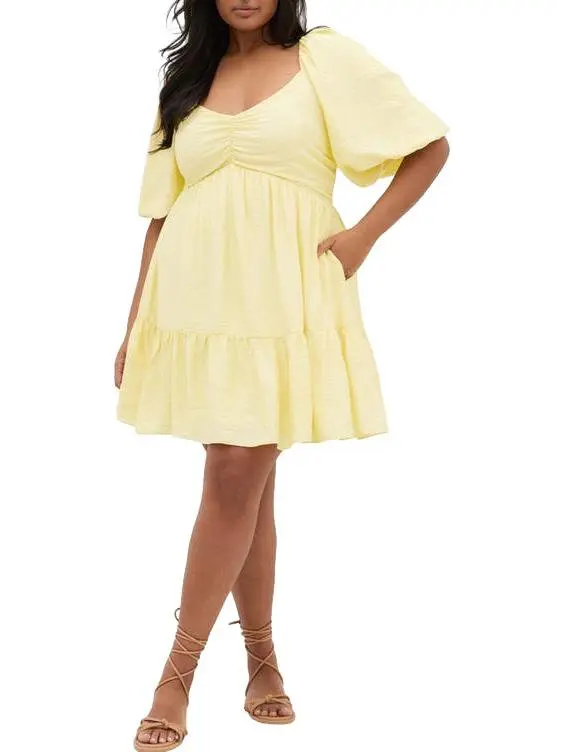 City Chic Mindy Puff Sleeve Dress - Lemon Drop