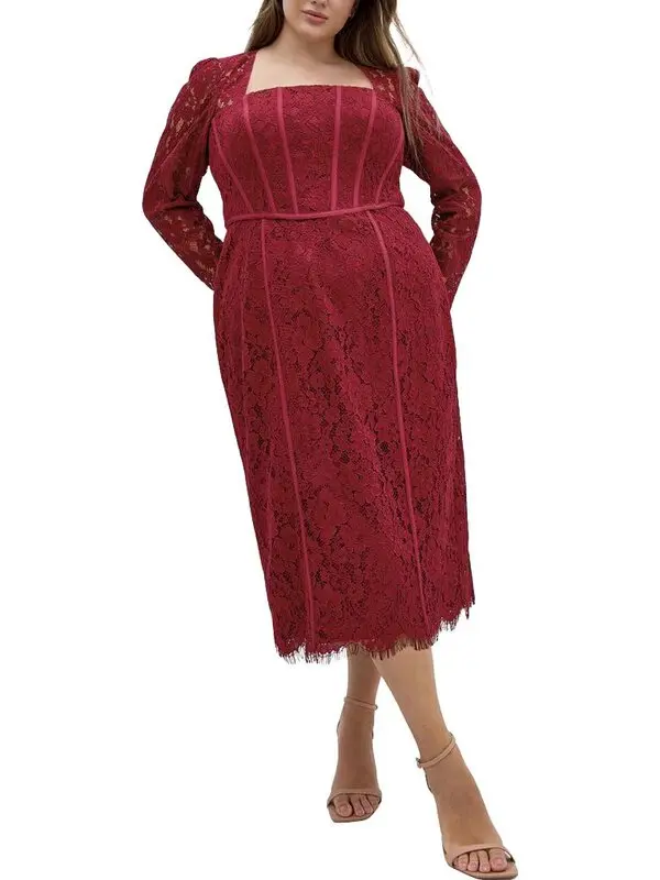 City Chic Valentine Long Sleeve Lace Midi Dress - Ruby