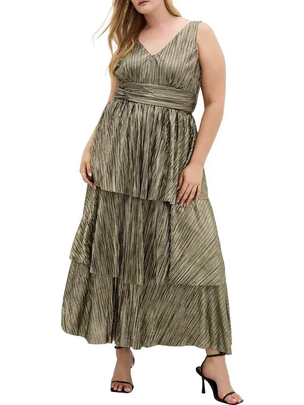 City Chic Metallic Tiered Maxi Dress - Bronze