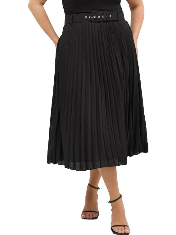 City Chic Pleated A-line Skirt With Belt - Black