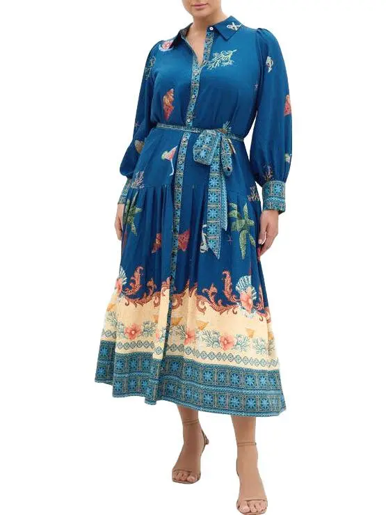 City Chic Ezra Printed Maxi Shirtdress - Navy Sea Bdr