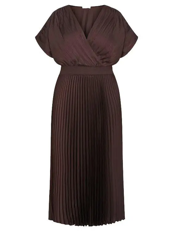 City Chic Elia Faux Wrap Pleated Dress - Chocolate
