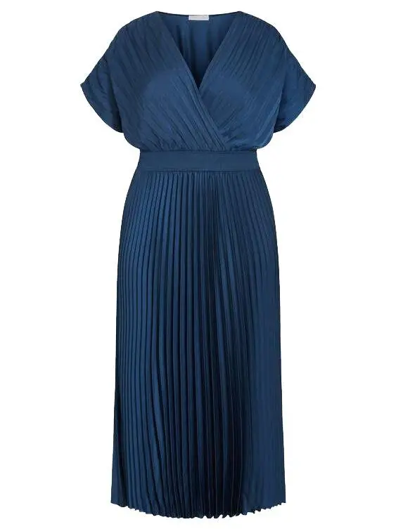 City Chic Elia Faux Wrap Pleated Dress - Petrol