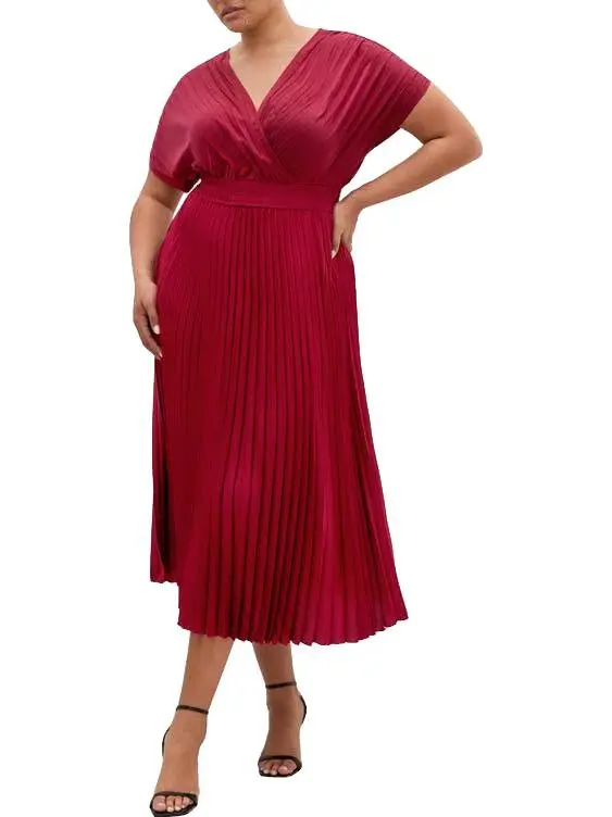 City Chic Elia Faux Wrap Pleated Dress - Ruby