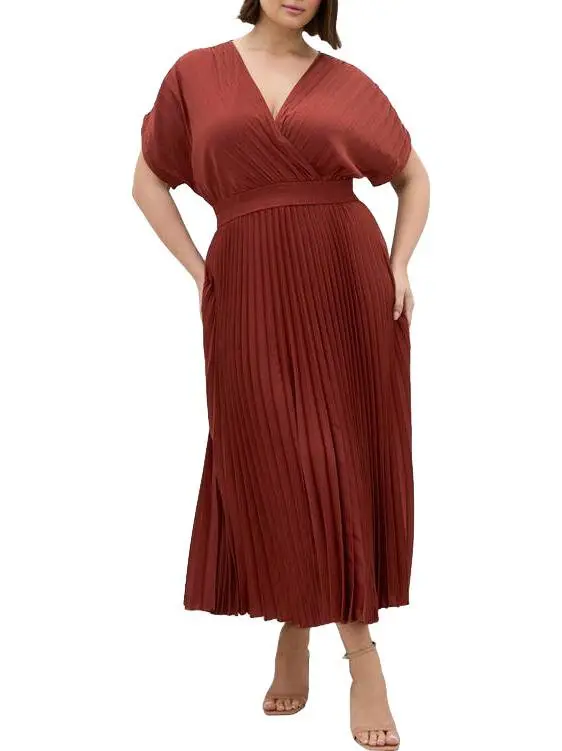 City Chic Elia Faux Wrap Pleated Dress - Sienna