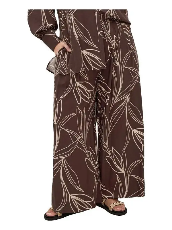 City Chic Athena Mixed Print Wide Leg Pants - Choc/bloom