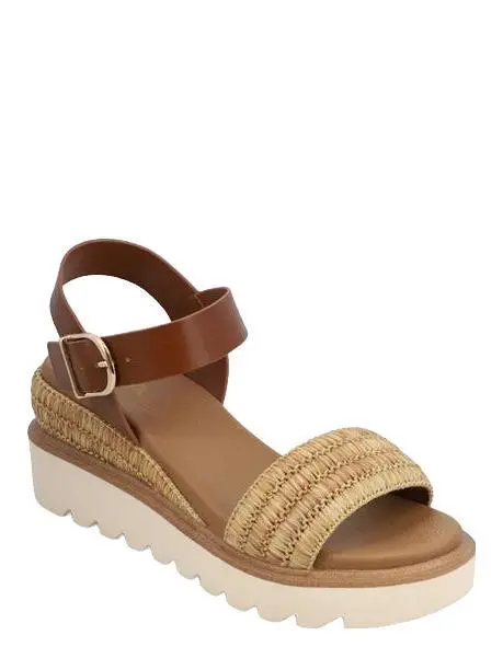 Mia Woven Raffia Wedge Sandals - Cognac/natural