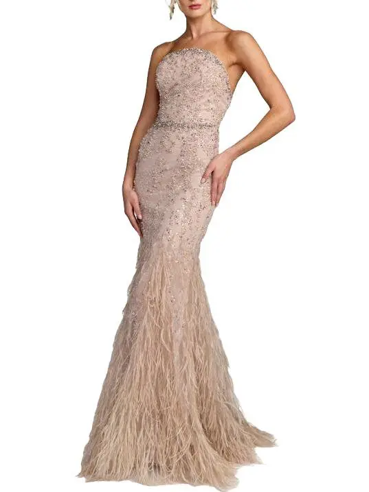 Mac Duggal Strapless Beaded Trumpet Gown With Feathers - Champagne