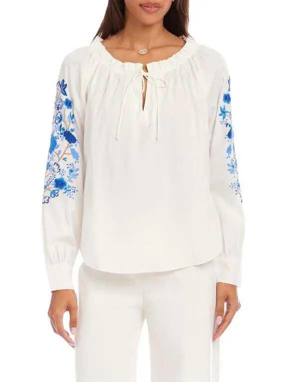 Karen Kane Floral Embroidered Peasant Top - White