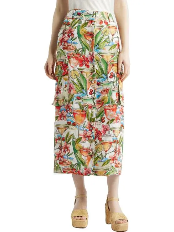 Farm Rio Cocktail Print Linen Midi Skirt - Off-white