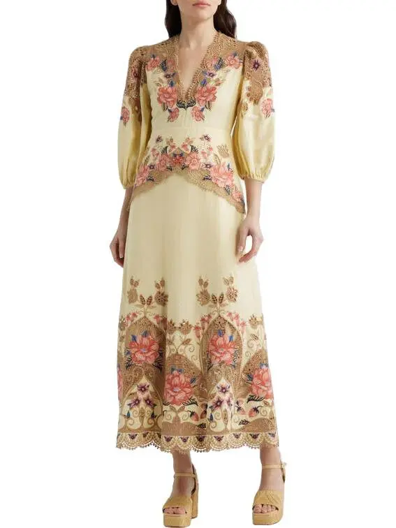 Farm Rio Embroidered Lace Linen Blend Midi Dress - Sand