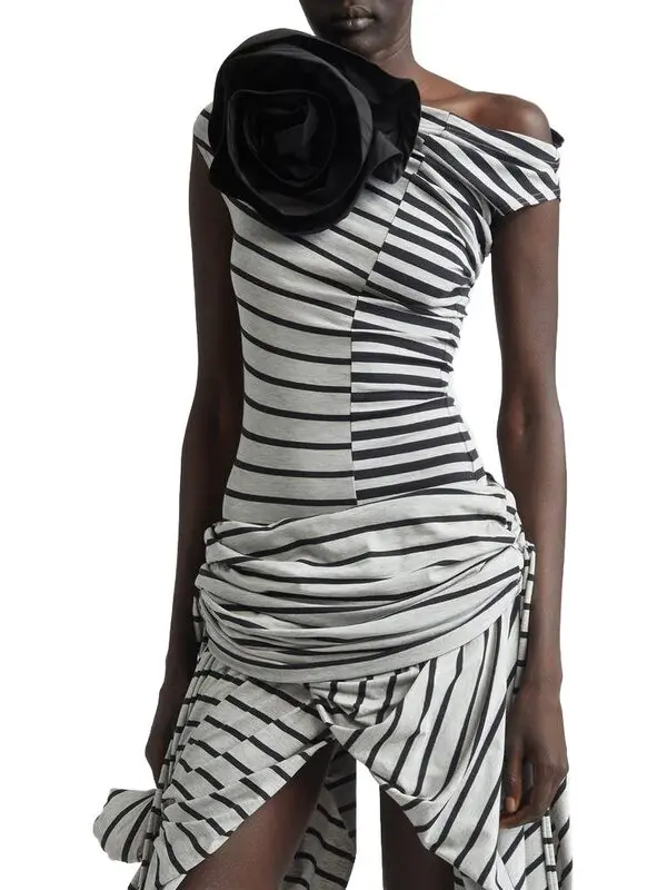 Vaquera Mixed Stripe Jersey Corsage Top - Black Grey