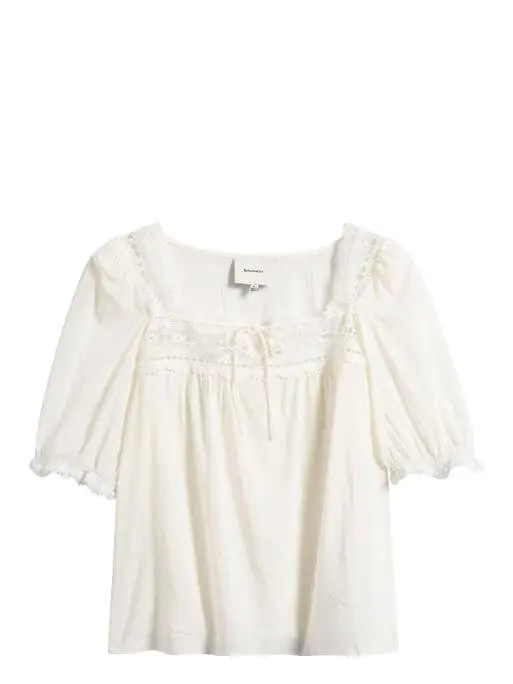 REFORMATION Wildflower Lace Trim Puff Sleeve Organic Cotton Blend Top - White