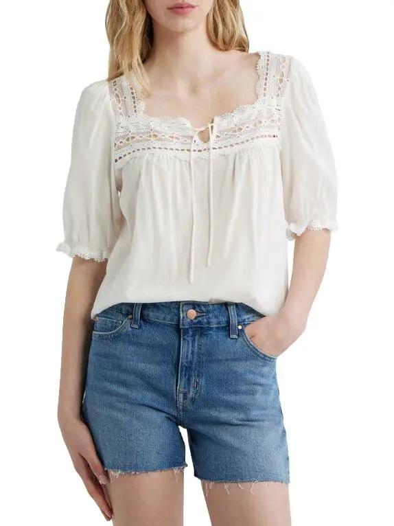 REFORMATION Wildflower Lace Trim Puff Sleeve Organic Cotton Blend Top - White