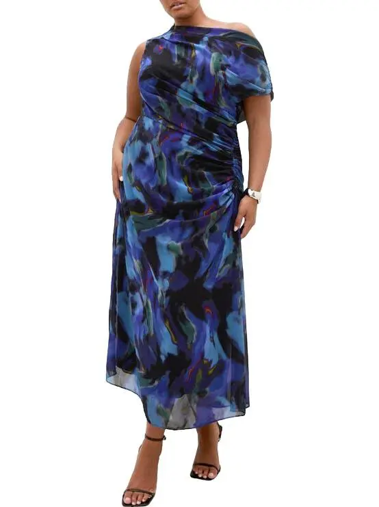 City Chic Abstract Floral Print Asymmetric Dress - Blue Haze