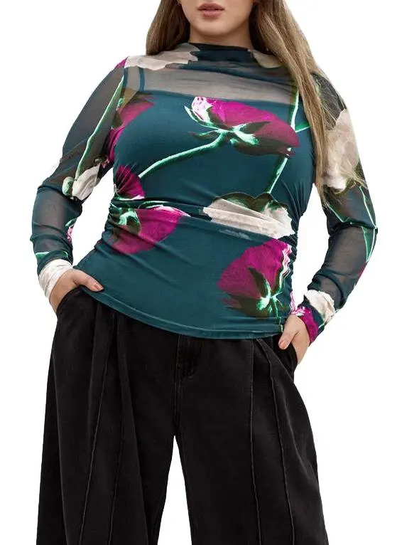City Chic Floral Mesh Top - Emerald Stem