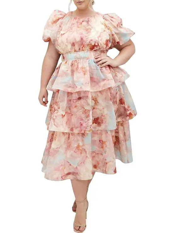 City Chic Floral Puff Sleeve Tiered Midi Dress - Floral Dreams