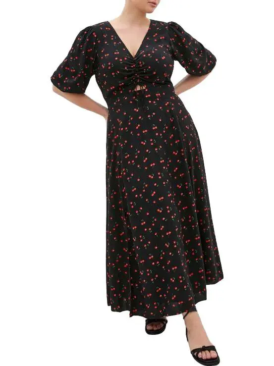 City Chic Fit-and-flare Cherry Print Maxi Dress - Black Cherry