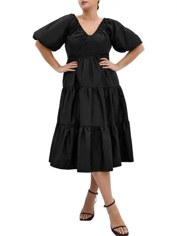 City Chic Tiered Puff Sleeve Midi Dress - Black