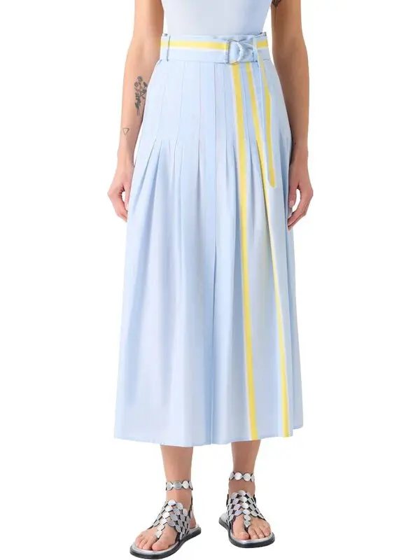 Akris Belted Pleated Stripe Chambray Midi Skirt - Sky Blue-lemon Zing-cream