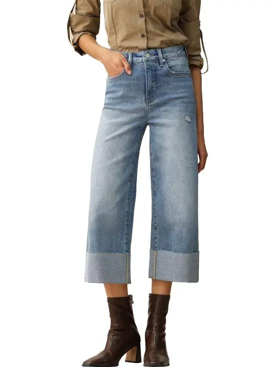 BAYEAS Cuffed Raw Hem High-waist Wide-leg Jeans - Medium Blue