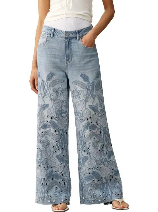 BAYEAS Embroidered High-waist Wide-leg Jeans - Medium Blue