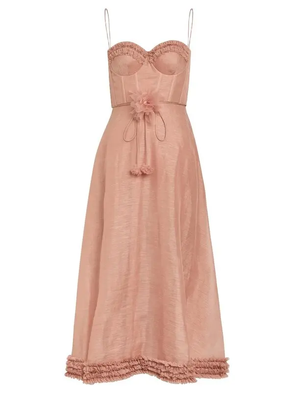 Zimmermann Floral-appliquéd Linen And Silk-blend Midi Dress - Peach