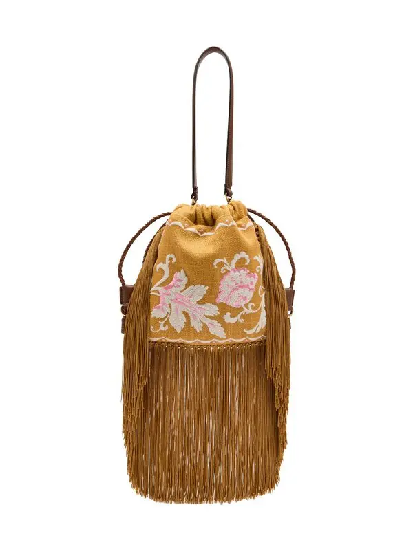 Etro Small Embroidered Linen Shoulder Bag - Camel