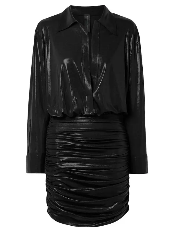 Norma Kamali Ruched Stretch-lamé Mini Shirt Dress - Black