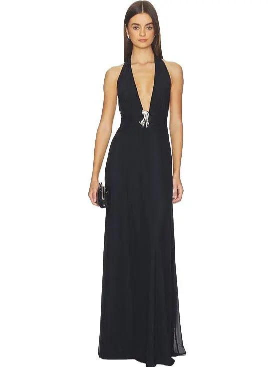 KATE BARTON Plunge Neckline Mesh Halter Dress - Navy