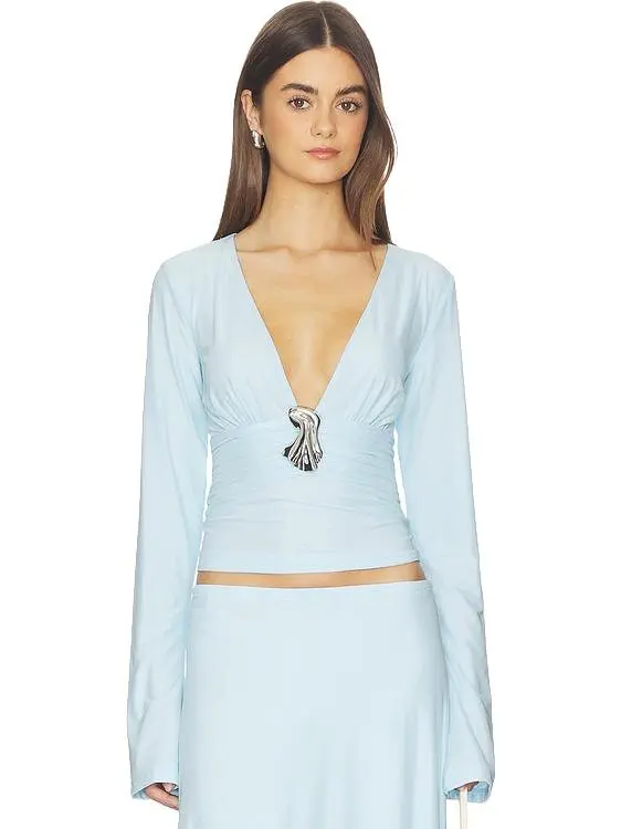 KATE BARTON Plunging V Flared Sleeve Top - Light Blue