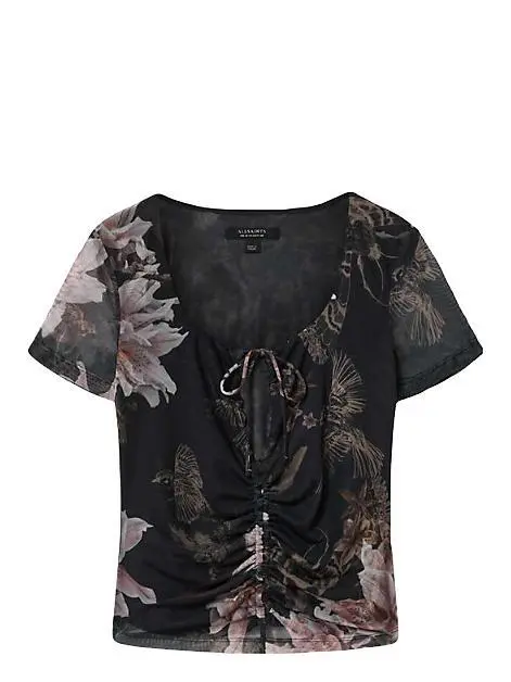 ALLSAINTS Gabby Floral-print Stretch-mesh Top - Crystal Black