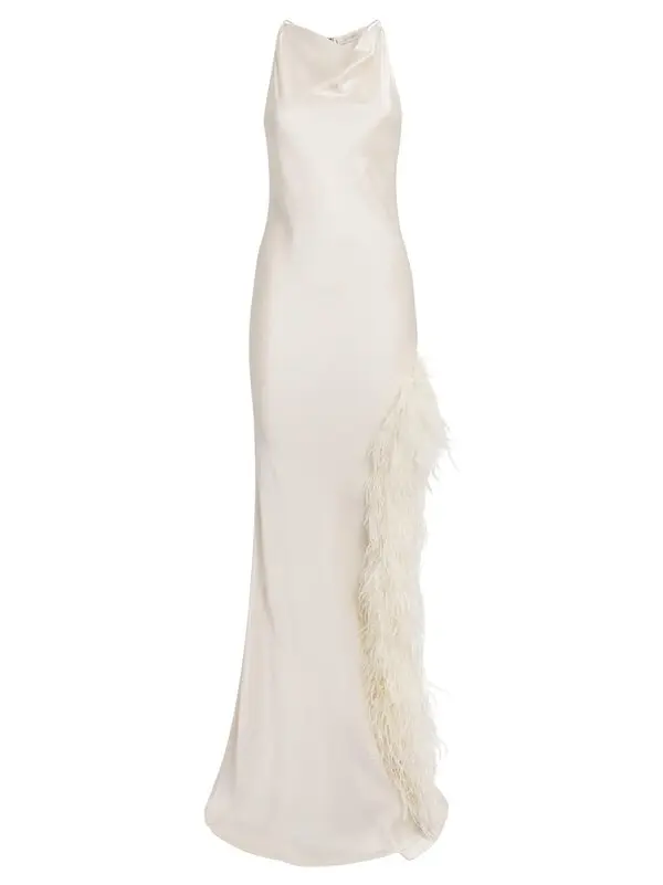 Lapointe Satin Feather-trim Halterneck Gown - Ivory