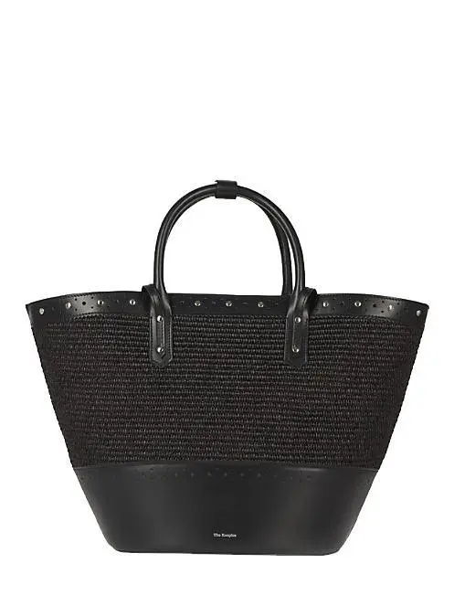The Kooples Logo-embossed Leather And Raffia Shoulder Bag - Black