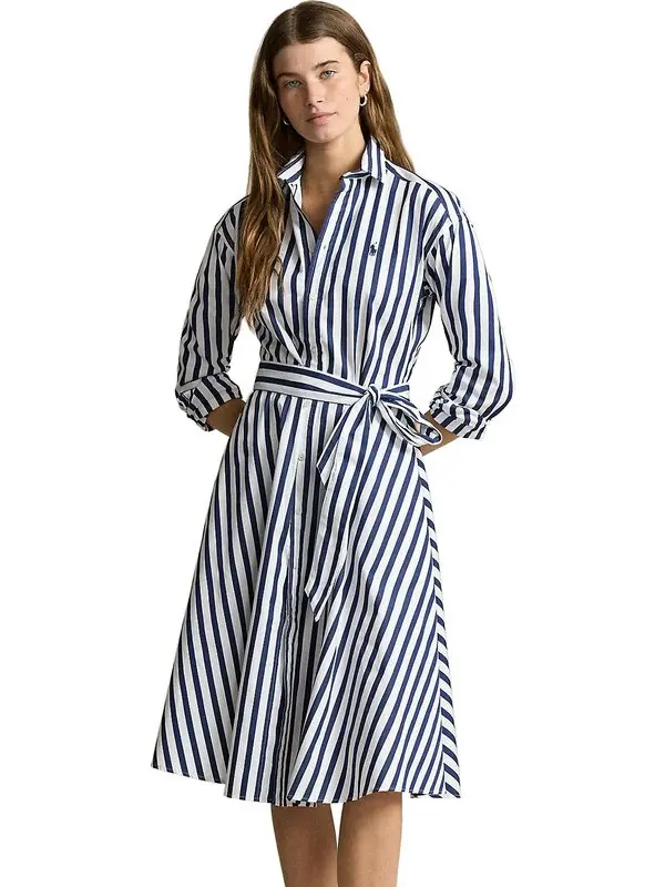 Ralph Lauren Belted Cotton Shirt Dress - Navy/white