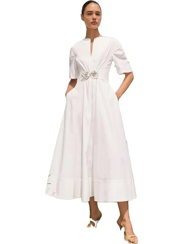 Lela Rose Cotton Poplin Buckle Shirtdress - White