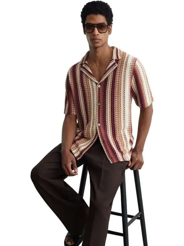 REISS Fleet Stripe-knit Cuban-collar Shirt - Pink