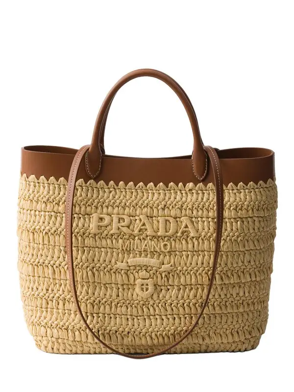 Prada Small Crochet And Leather Tote Bag - Neutral