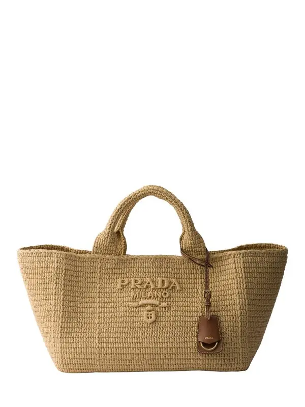 Prada Crochet Tote Bag With Leather Details - Neutral