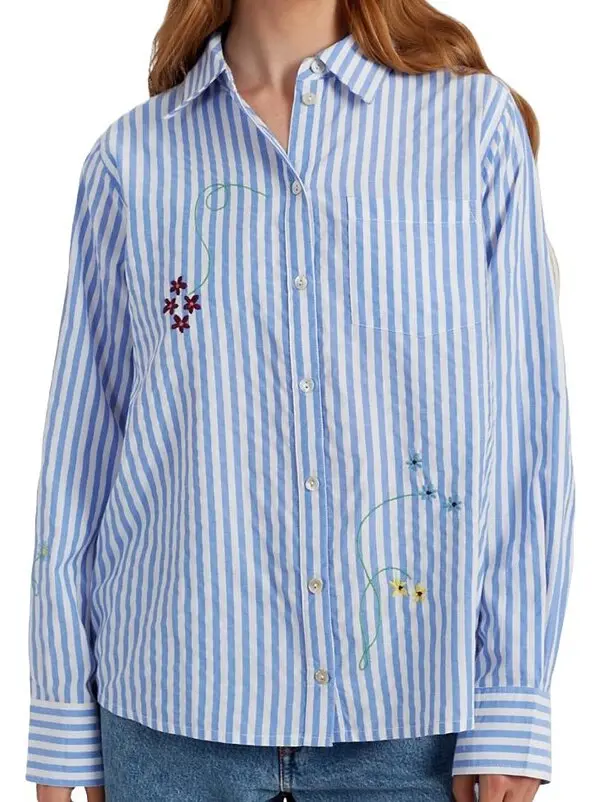 Chinti & Parker Cotton Oxford Stripe Floral Shirt - Blue