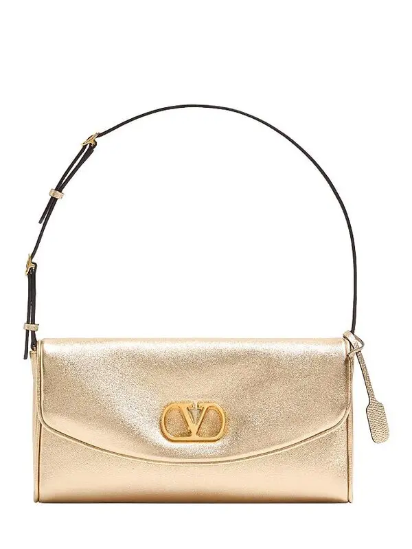 Valentino Garavani Vlogo Laminated Nappa Leather Small Shoulder Bag - Champagne