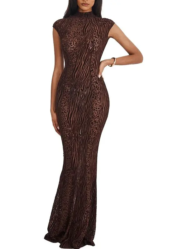 MISS CIRCLE Tyanna Burnout Velvet Mesh Maxi Dress - Mocha