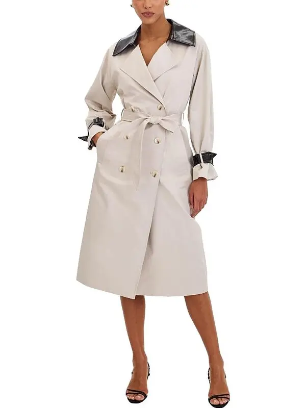 MISS CIRCLE Umber Double-breasted Faux Leather Lapel Trench Coat - Beige