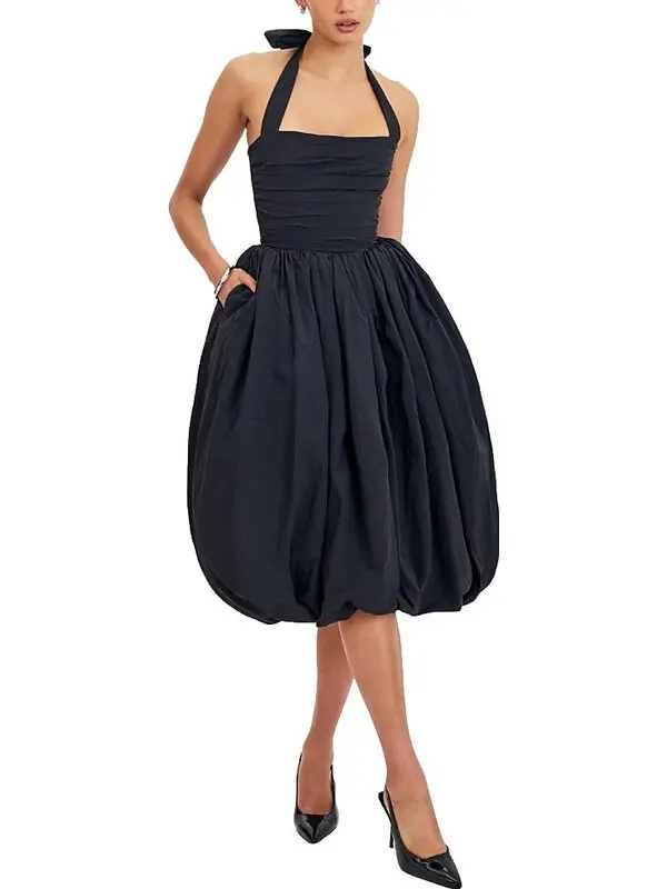 MISS CIRCLE Taffeta Halter Midi Dress - Black