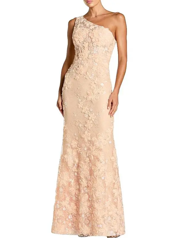 Mac Duggal One-shoulder Floral Embroidered Column Gown - Peach
