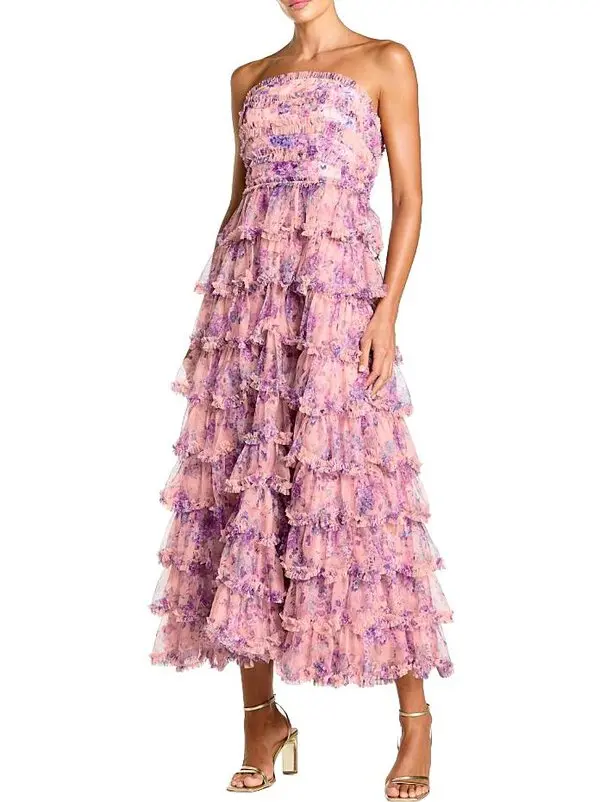 Mac Duggal Printed Mesh Strapless Ruffle A-line Midi Dress - Orchid Multi