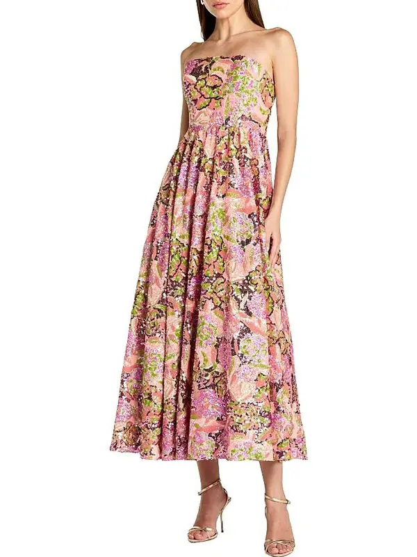 Mac Duggal Floral Sequin Strapless A-line Midi Dress - Orchid Multi