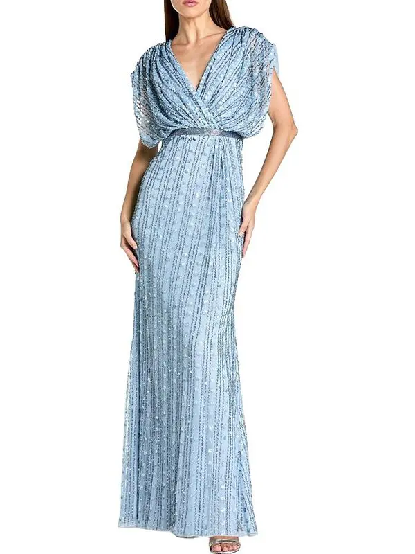 Mac Duggal Beaded Mesh Blouson V-neck Gown - Periwinkle