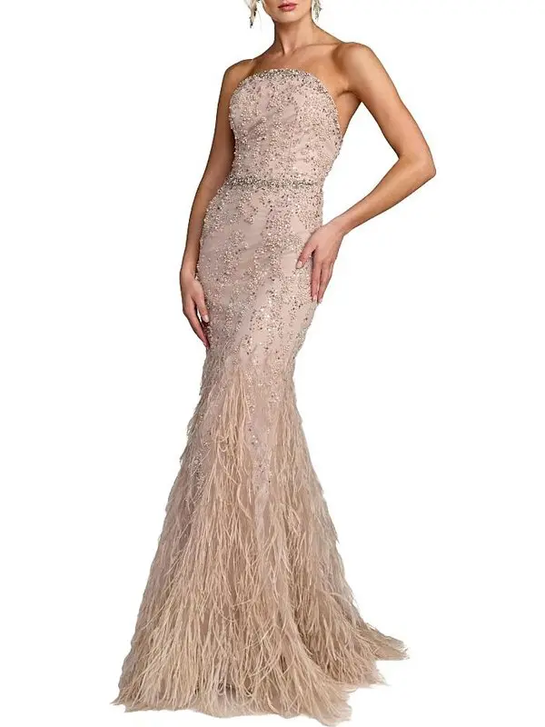 Mac Duggal Strapless Beaded Net Trumpet Gown With Feathers - Champagne